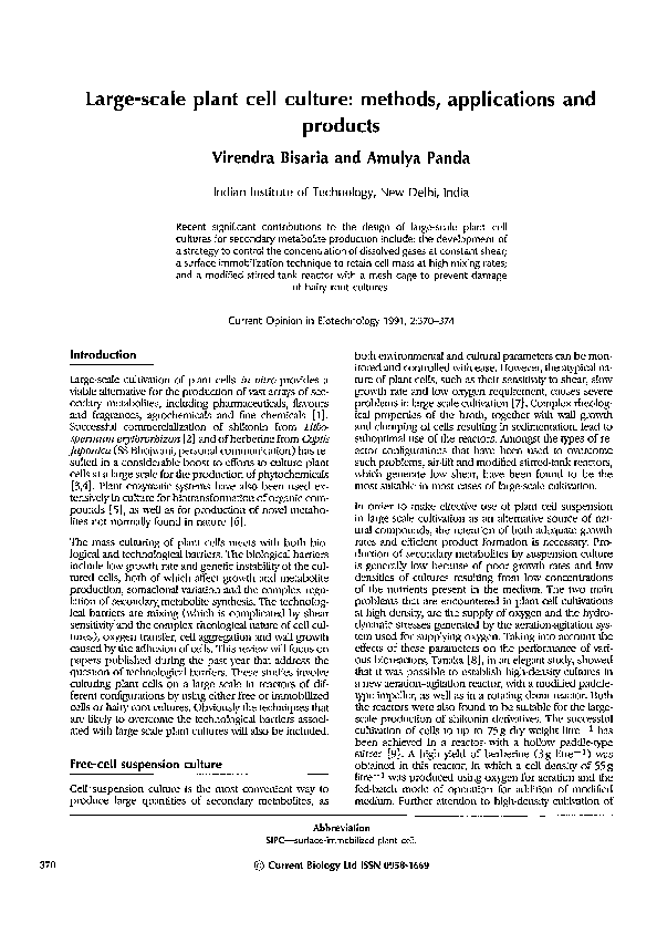 (PDF) Large scale plant cell culture: methods, applications and products