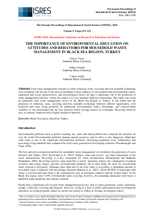 (PDF) The Importance of Environmental Education on Attitudes and Behaviors for Household Waste ...