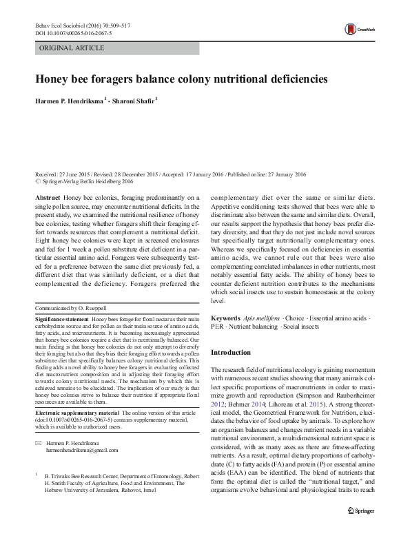 (PDF) Honey bee foragers balance colony nutritional deficiencies