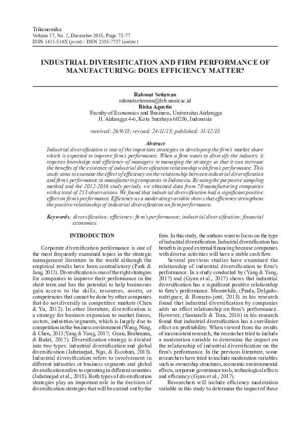 (PDF) Industrial Diversification and Firm Performance of Manufacturing ...