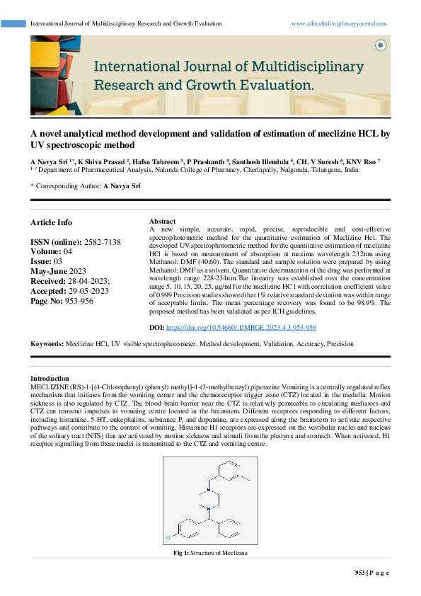 (PDF) A novel analytical method development and validation of estimation of meclizine HCL by UV ...