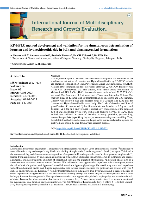 (PDF) RP-HPLC method development and validation for the simultaneous determination of losartan ...