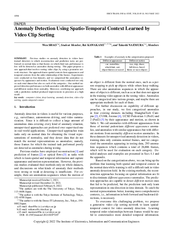 Pdf Anomaly Detection Using Spatio Temporal Context Learned By Video