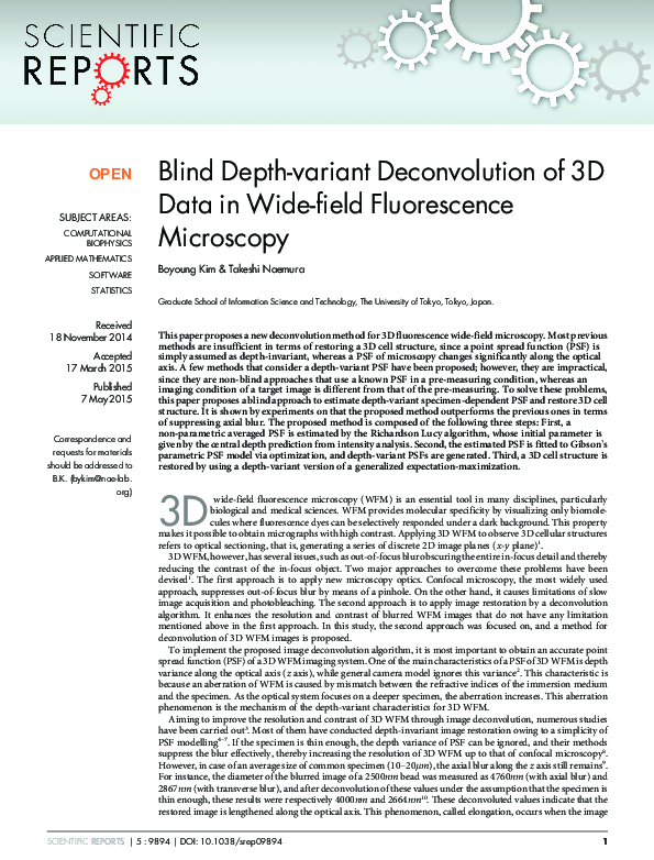 (PDF) Blind Depth-variant Deconvolution of 3D Data in Wide-field Fluorescence Microscopy ...