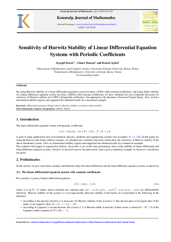 (PDF) Sensitivity of Hurwitz Stability of Linear Differential Equation ...