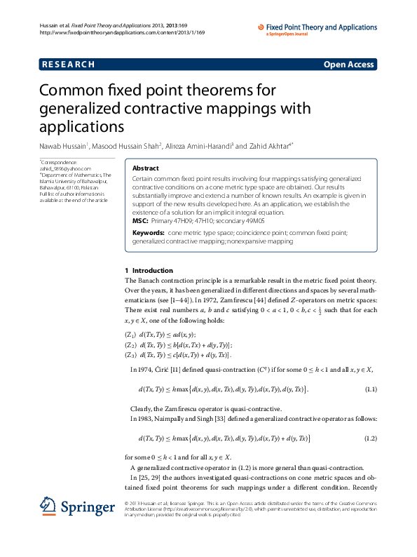 Pdf Common Fixed Point Theorems For Generalized Contractive Mappings With Applications