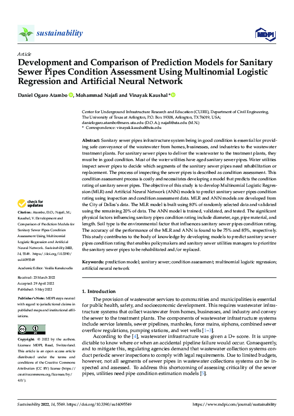 (PDF) Development and Comparison of Prediction Models for Sanitary Sewer Pipes Condition ...