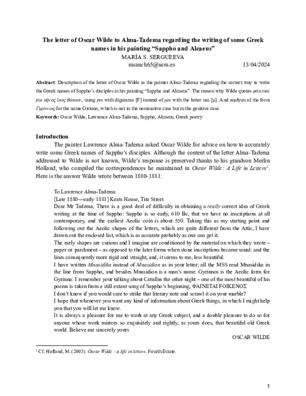 (PDF) The letter of Oscar Wilde to Alma-Tadema regarding the writing of ...