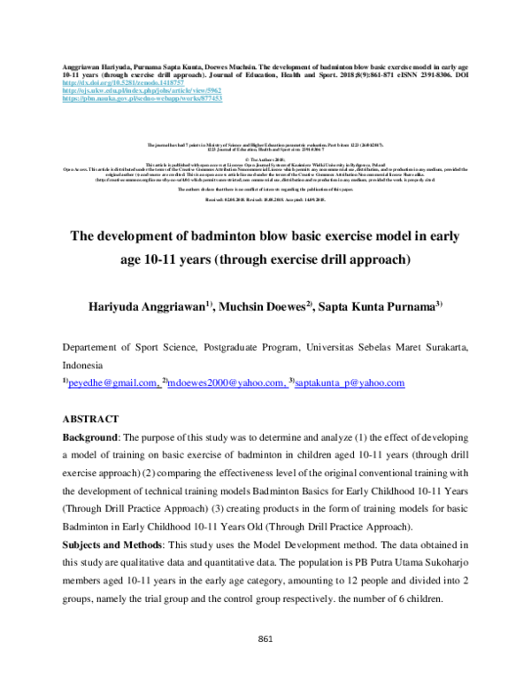 (PDF) The development of badminton blow basic exercise model in early age 10-11 years (through ...