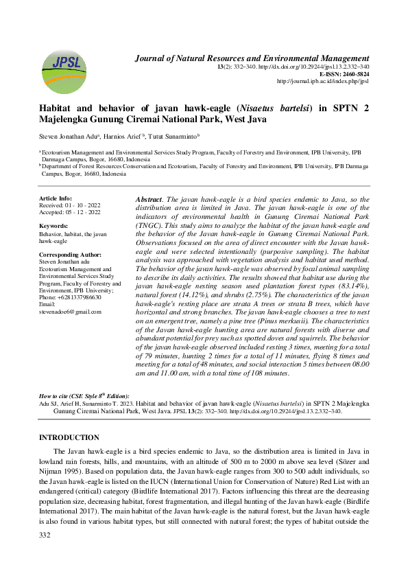 (PDF) Habitat and behavior of javan hawk-eagle (Nisaetus bartelsi) in ...