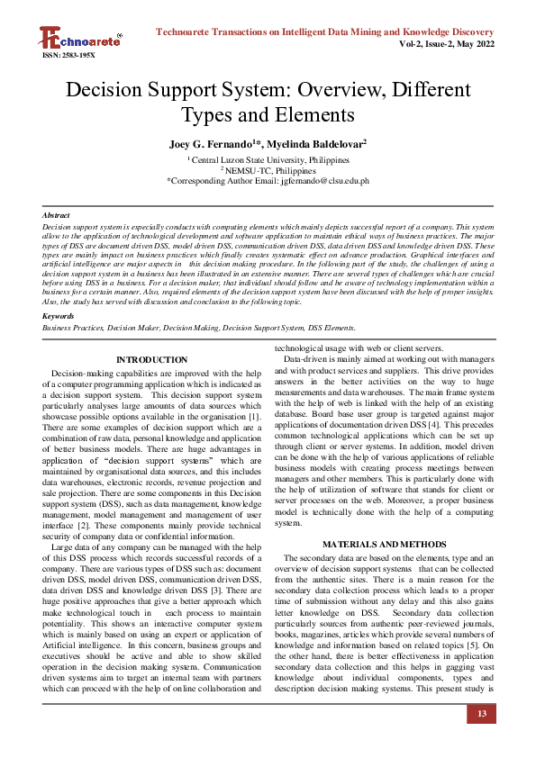 (PDF) Decision Support System: Overview, Different Types and Elements