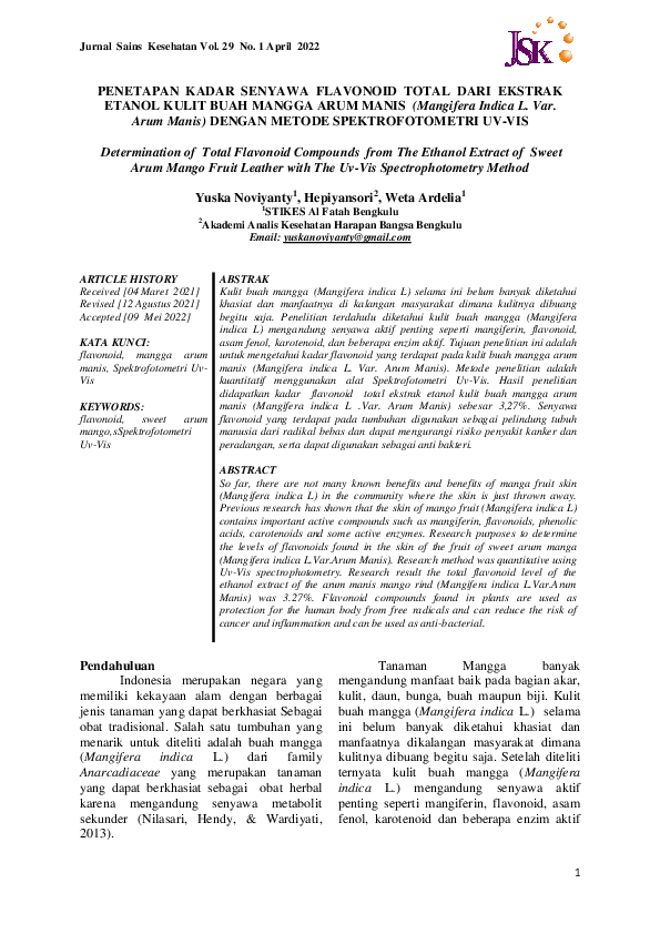 (PDF) PENETAPAN KADAR SENYAWA FLAVONOID TOTAL DARI EKSTRAK ETANOL KULIT BUAH MANGGA ARUM MANIS ...