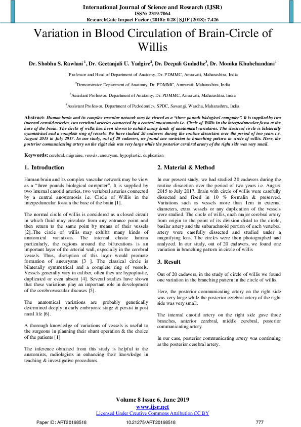 (PDF) Variation in Blood Circulation of Brain-Circle of Willis Dr