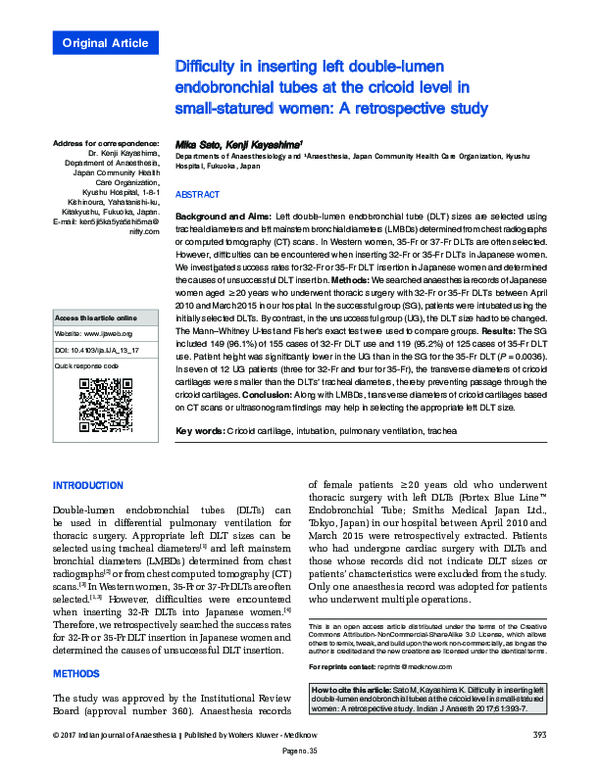 (PDF) Difficulty in inserting left double-lumen endobronchial tubes at ...