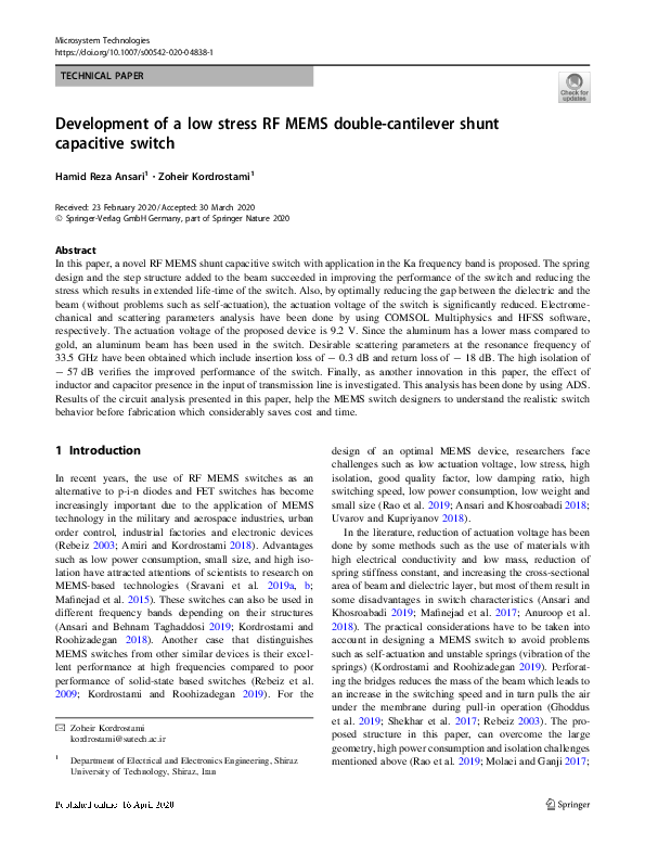 Pdf Development Of A Low Stress Rf Mems Double Cantilever Shunt Capacitive Switch Zoheir