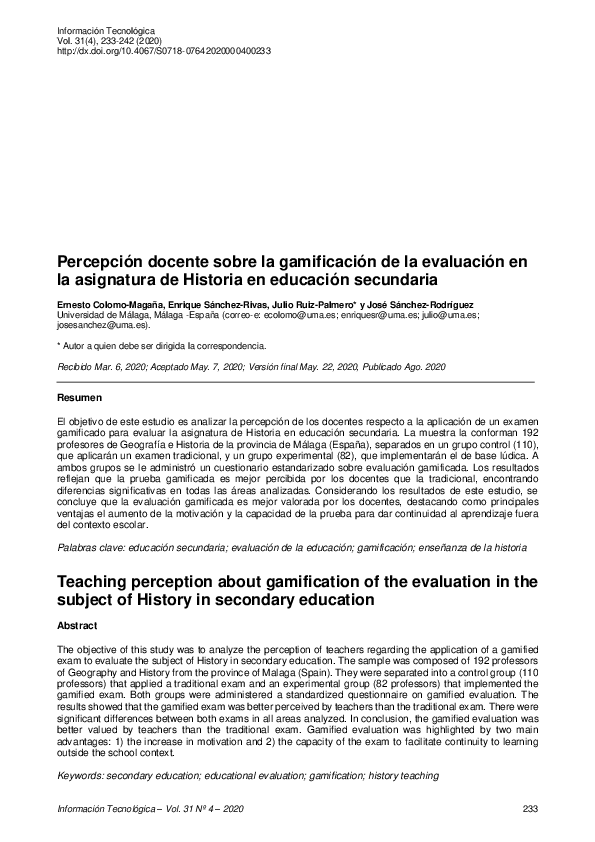 (PDF) Percepción docente sobre la gamificación de la evaluación en la asignatura de Historia en ...