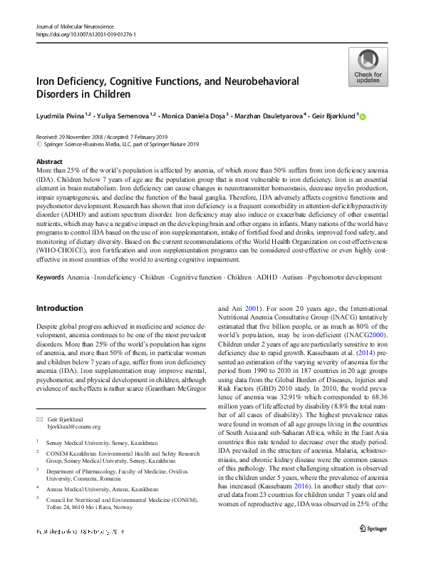 (PDF) Iron Deficiency, Cognitive Functions, and Neurobehavioral ...