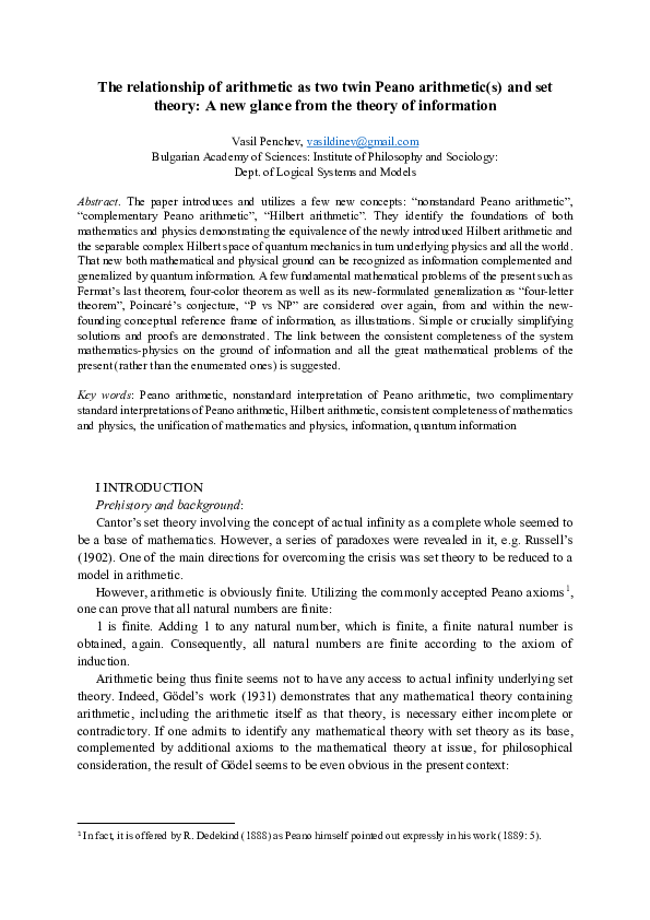 (PDF) The Relationship of Arithmetic As Two Twin Peano Arithmetic(s ...