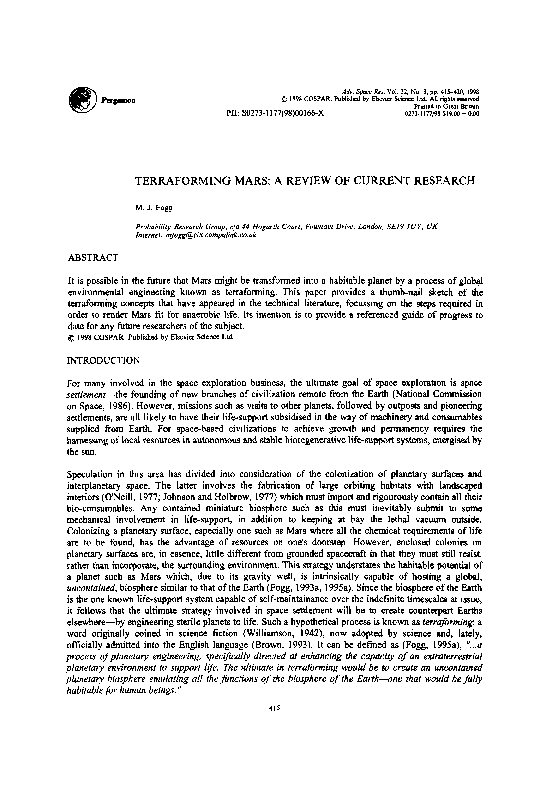 (PDF) Terraforming Mars: A review of current research
