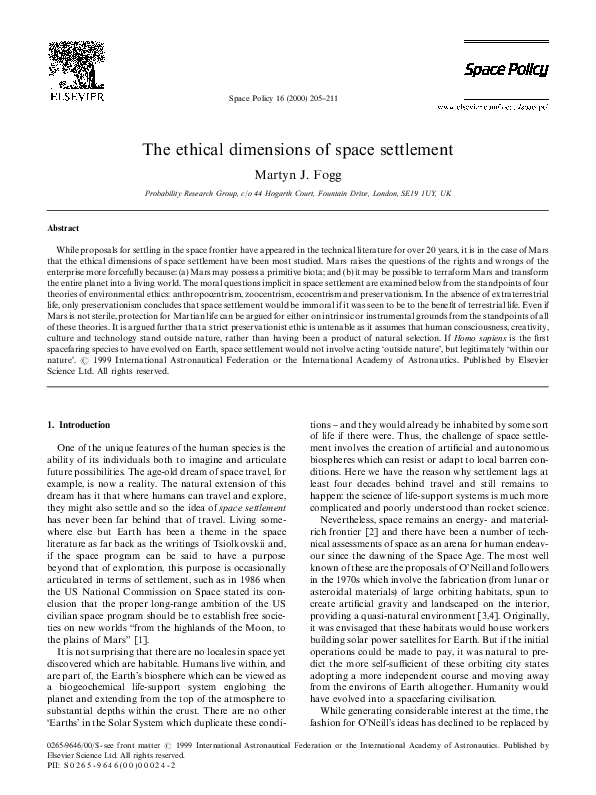 (PDF) The ethical dimensions of space settlement