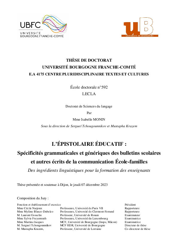 (PDF) L’ÉPISTOLAIRE ÉDUCATIF : Spécificités grammaticales et génériques des bulletins scolaires ...