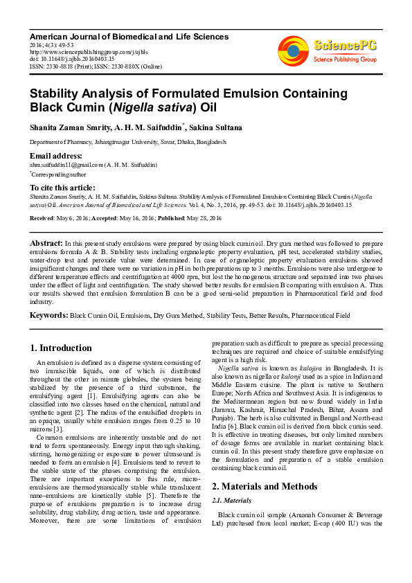 (PDF) Stability Analysis of Formulated Emulsion Containing Black Cumin ...