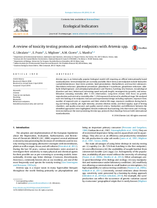 (PDF) A review of toxicity testing protocols and endpoints with Artemia spp