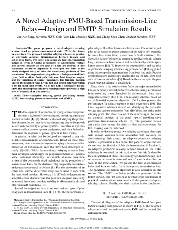 (PDF) A novel adaptive PMU-based transmission-line relay-design and EMTP simulation results