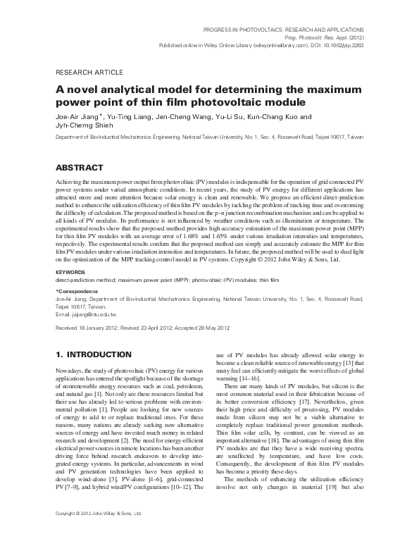 (PDF) A novel analytical model for determining the maximum power point of thin film photovoltaic ...