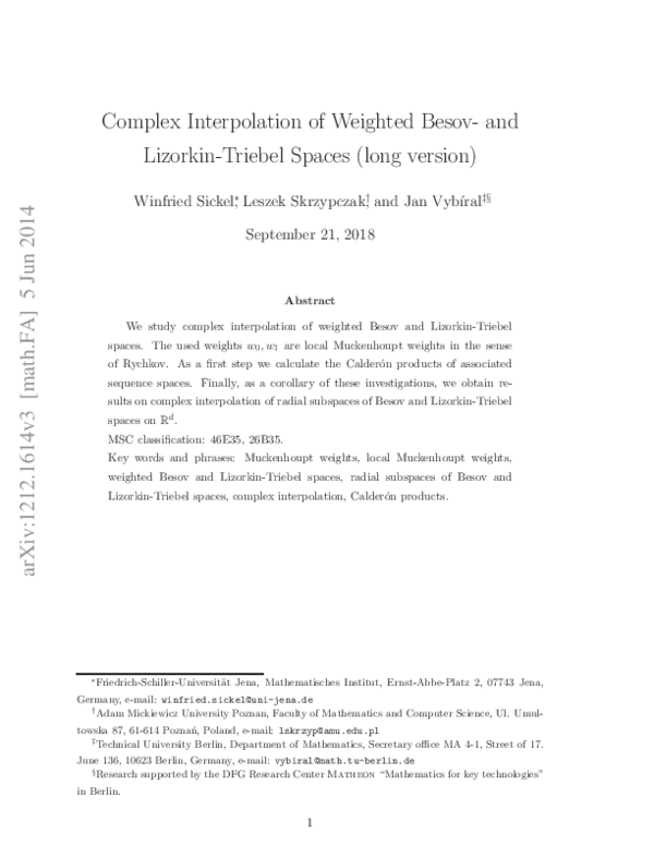 Pdf Complex Interpolation Of Weighted Besov And Lizorkin Triebel Spaces Long Version