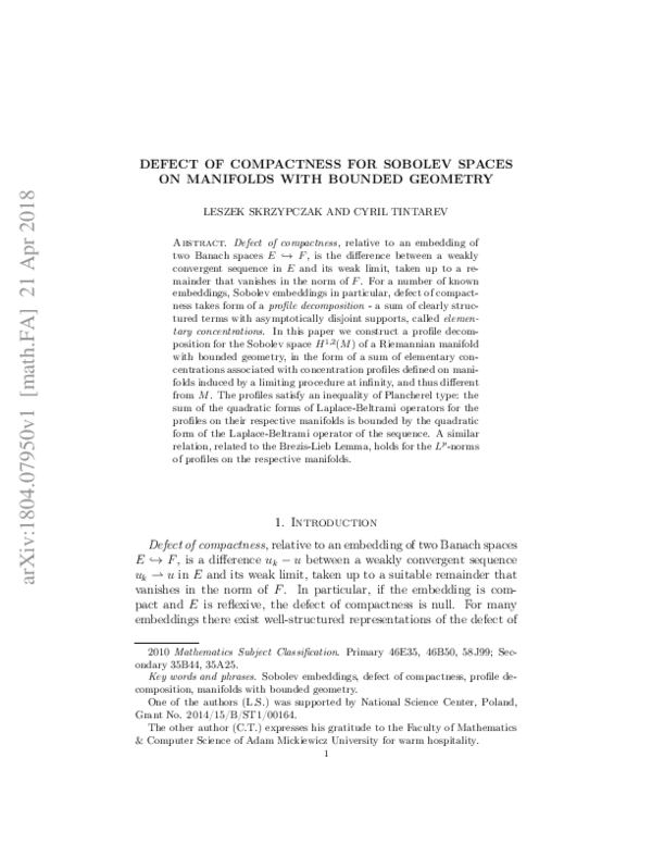 (PDF) Defect of compactness for Sobolev spaces on manifolds with bounded geometry