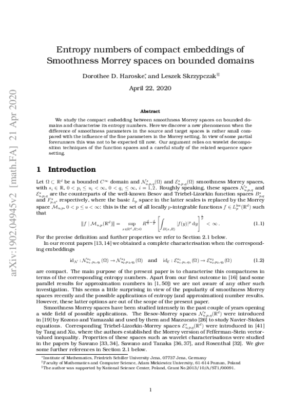 (PDF) Entropy numbers of compact embeddings of Smoothness Morrey spaces on bounded domains