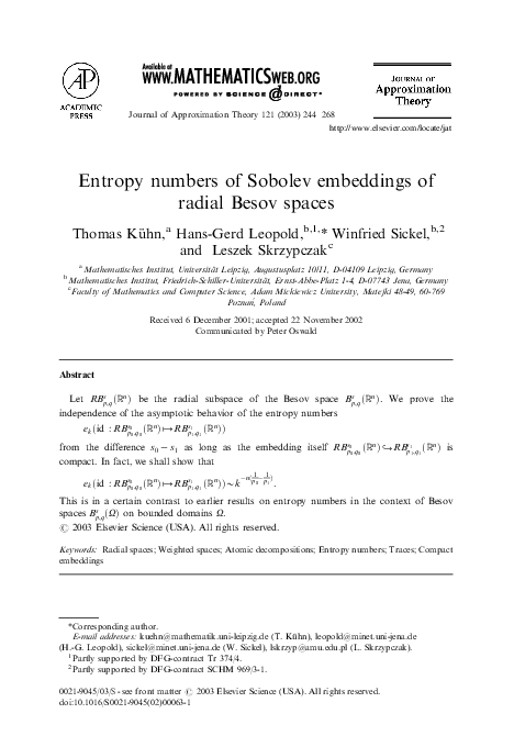 (PDF) Entropy numbers of Sobolev embeddings of radial Besov spaces