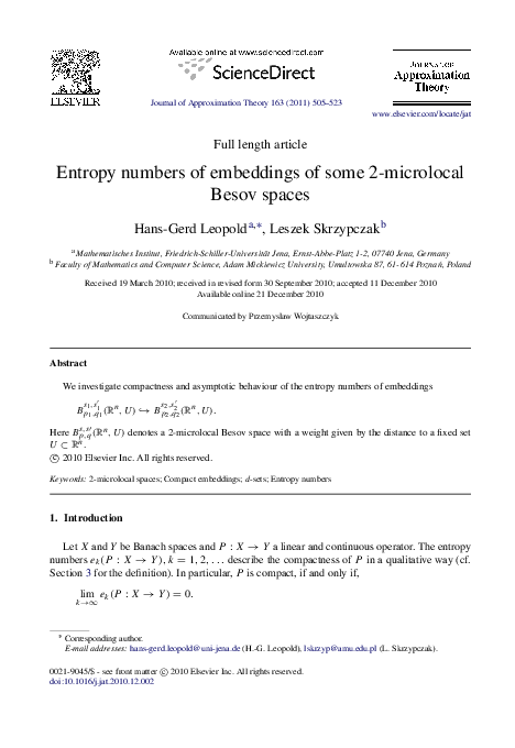 (PDF) Entropy numbers of embeddings of some 2-microlocal Besov spaces