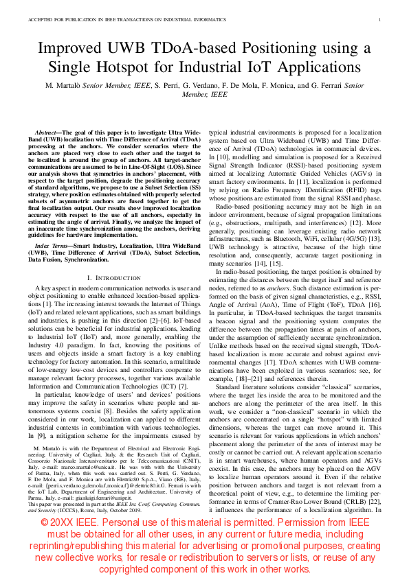 (PDF) Improved UWB TDoA-Based Positioning Using a Single Hotspot for Industrial IoT Applications