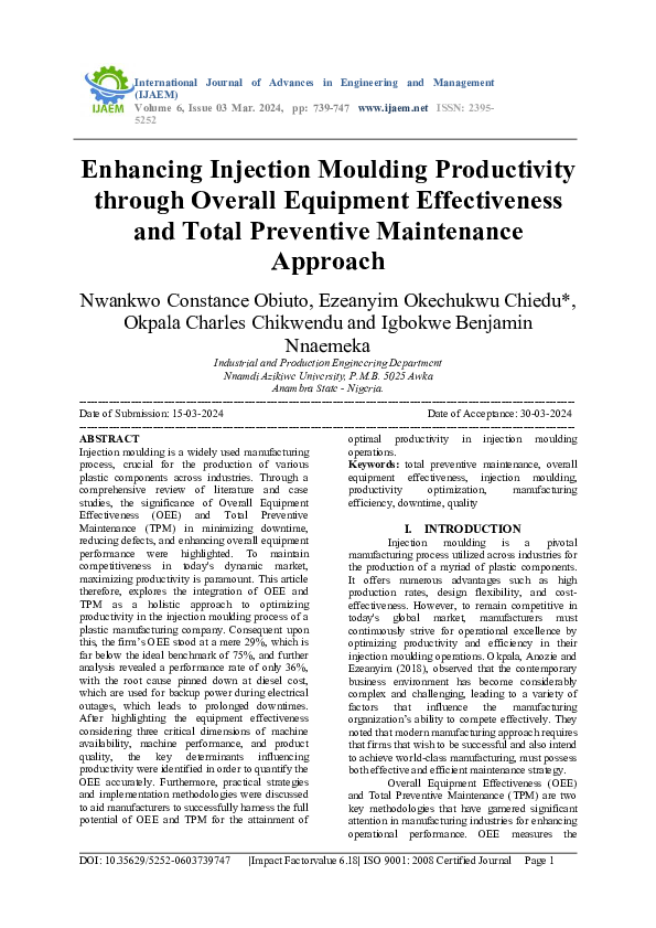 (PDF) Enhancing Injection Moulding Productivity through Overall ...