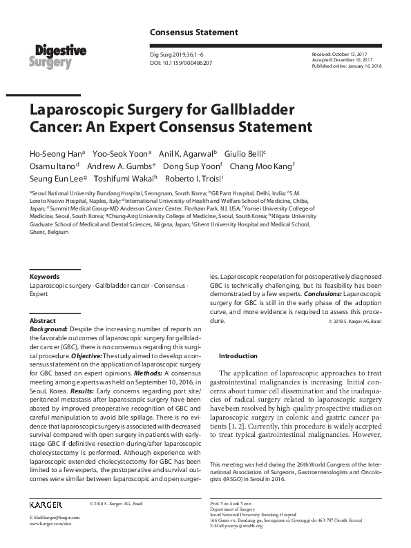 (PDF) Laparoscopic Surgery for Gallbladder Cancer: An Expert Consensus Statement