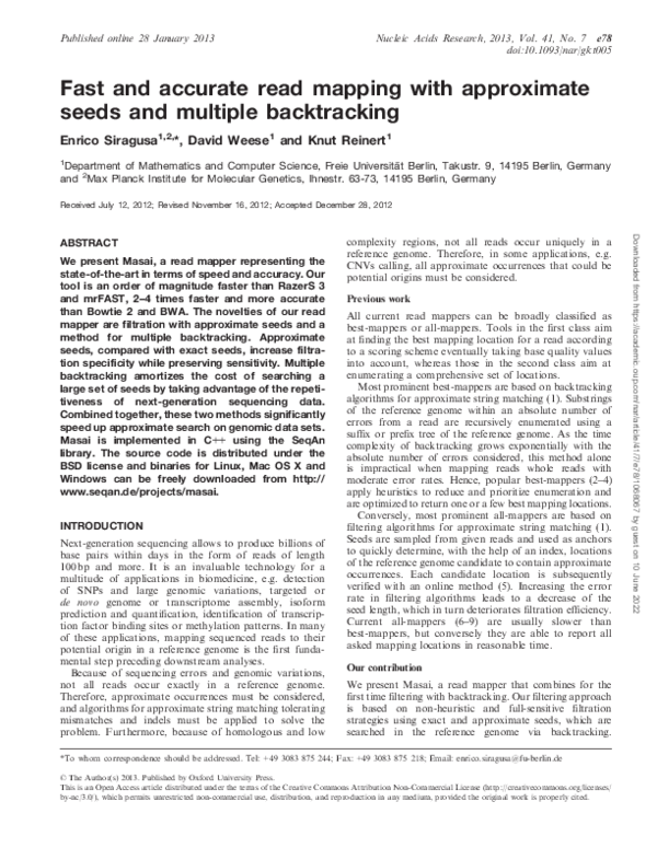 (PDF) Fast and accurate read mapping with approximate seeds and multiple backtracking