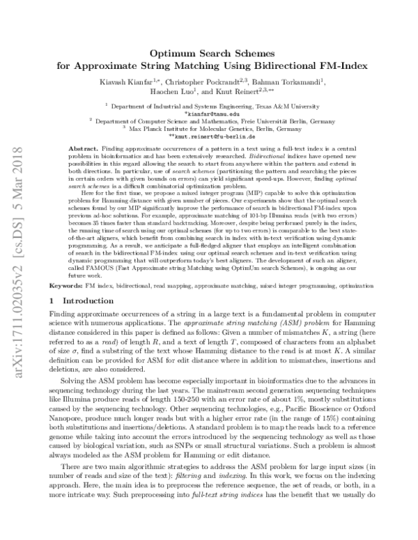 (PDF) Optimum Search Schemes for Approximate String Matching Using Bidirectional FM-Index