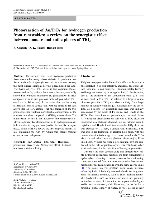 (PDF) Photoreaction of Au/TiO2 for hydrogen production from renewables ...