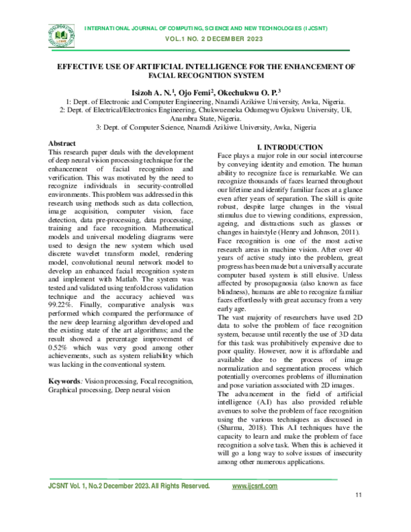 (PDF) Effective use of Artificial Intelligence for the Enhancement of Facial Recognition System