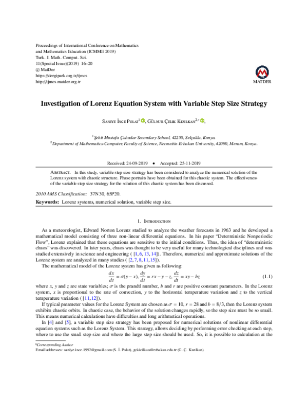 (PDF) Investigation of Lorenz Equation System with Variable Step Size Strategy