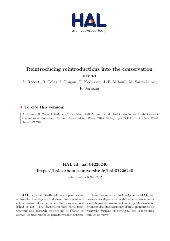 (PDF) Reintroducing reintroductions into the conservation arena