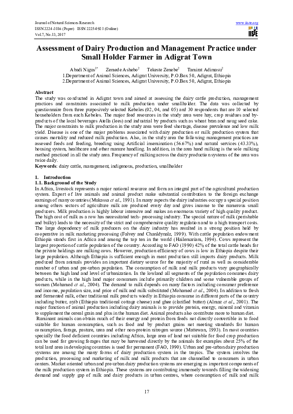 (PDF) Assessment of Dairy Production and Management Practice under ...