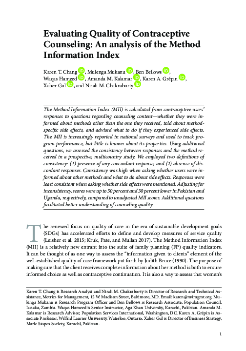 (PDF) Evaluating Quality of Contraceptive Counseling: An Analysis of the Method Information Index