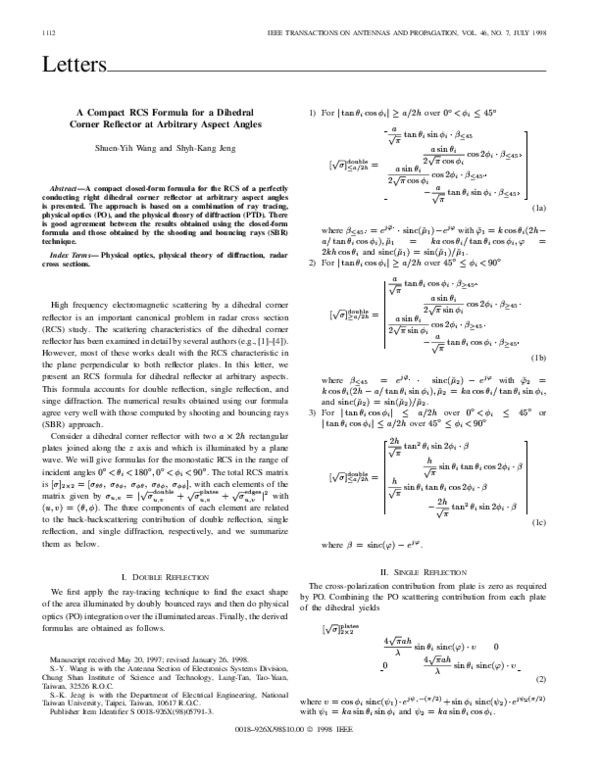 (PDF) A compact RCS formula for a dihedral corner reflector at ...