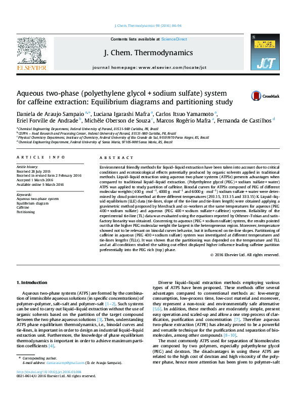 (PDF) Aqueous two-phase (polyethylene glycol+sodium sulfate) system for caffeine extraction ...
