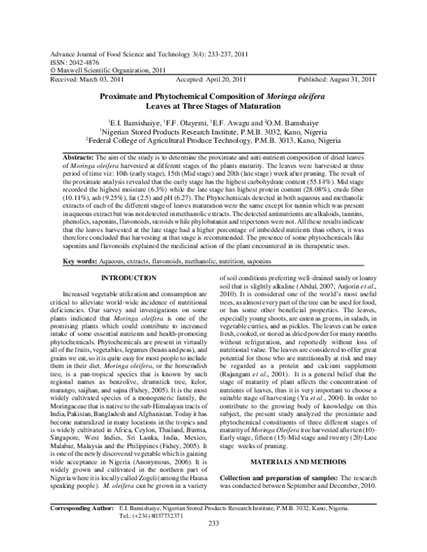 (PDF) Proximate and Phytochemical Composition of Moringa oleifera ...