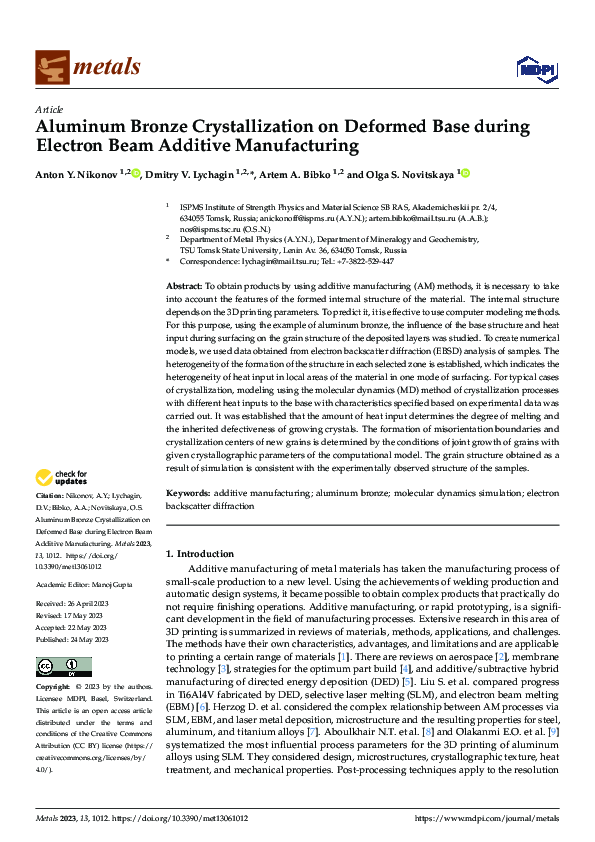 (PDF) Aluminum Bronze Crystallization on Deformed Base during Electron ...