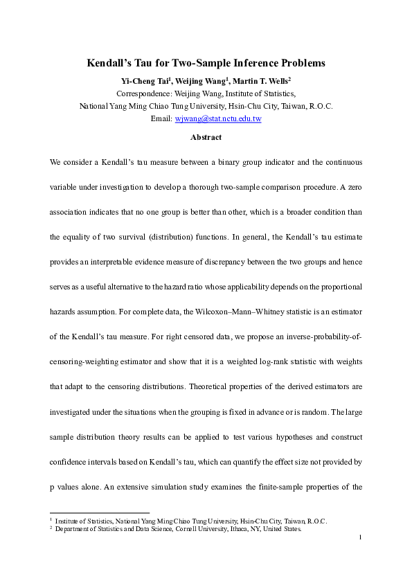 (PDF) Kendall's Tau for Two-Sample Inference Problems